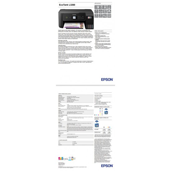 Epson EcoTank L3260 Fotokopi + Tarayıcı + Wifi Direct + Tanklı Mürekkep ...